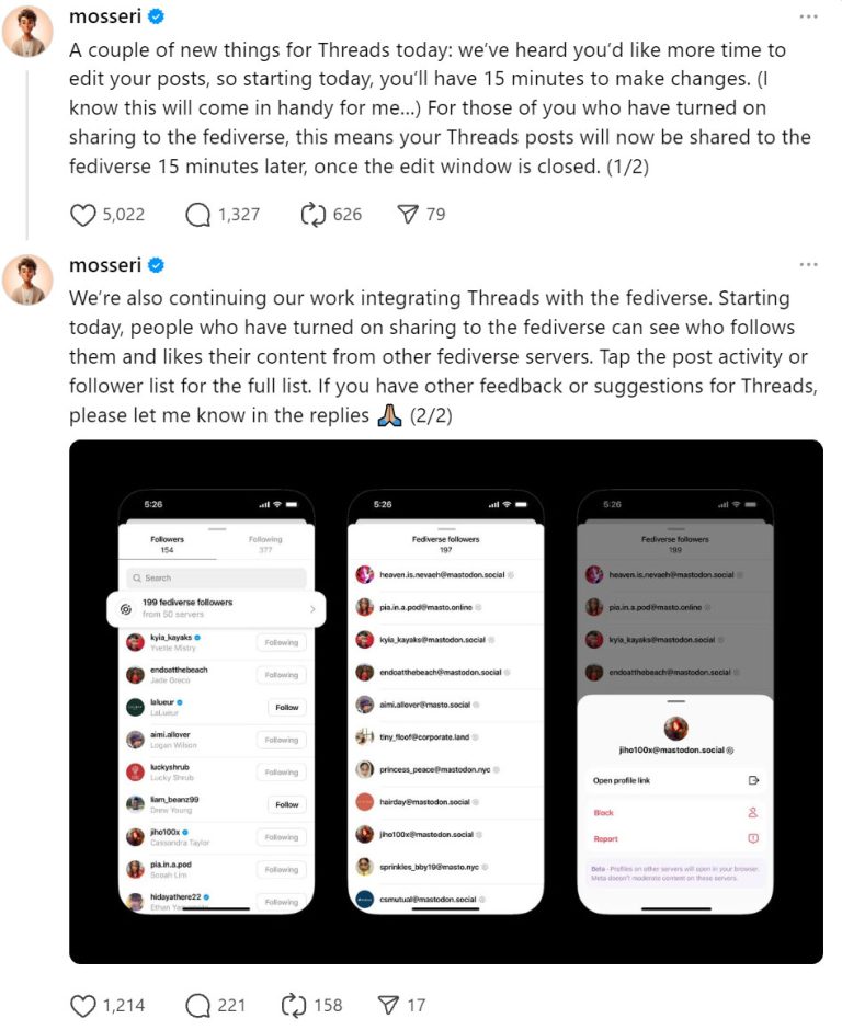 Threads、フェディバース経由のフォロワー数表示に対応。投稿後の編集可能時間も15分に拡大 | Gadget Gate